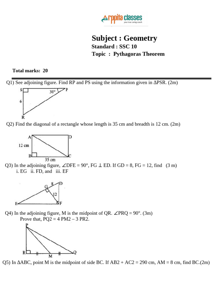 SSC 10 Maths Paper (Pythagoras Theorem) | PDF