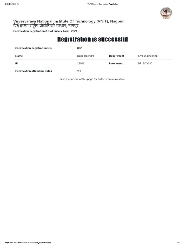 VNIT, Nagpur Convocation Registration | PDF