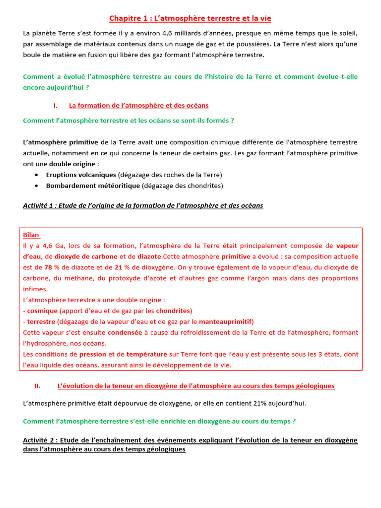 Chap 1 L'atmosphère Terrestre Et La Vie T11 | PDF