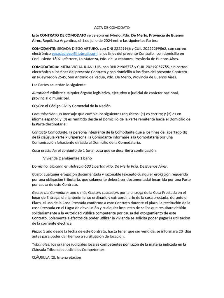 Acta de Comodato | PDF