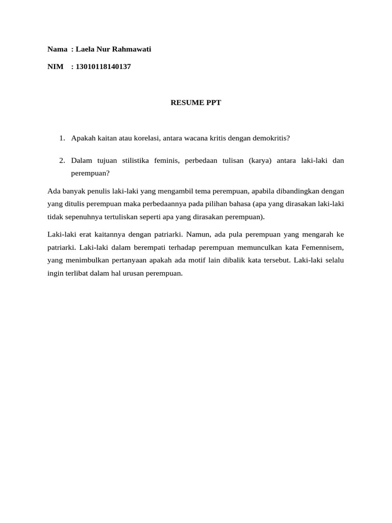 Resume Gender Dalam Bahasa Dan Sastra 2 | PDF