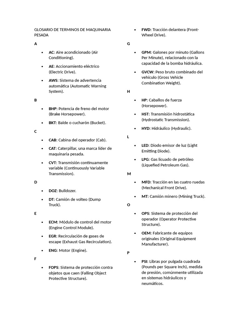 Glosario de Terminos de Maquinaria Pesada | PDF