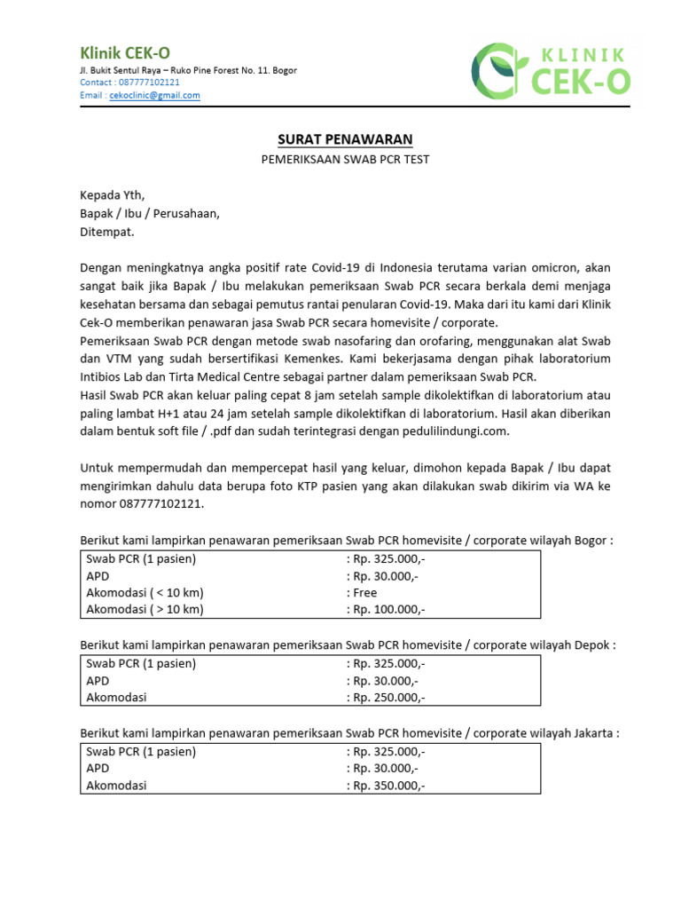 Form Penawaran Swab PCR Corporate - Homevisite | PDF