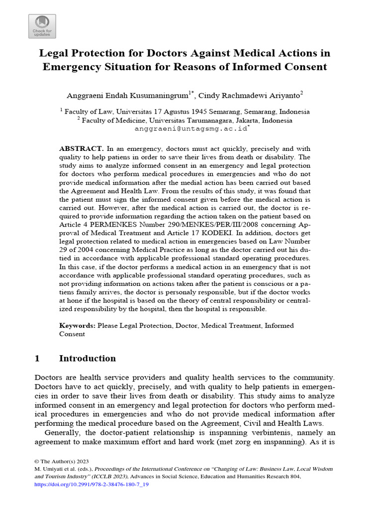 Legal Protection For Doctors Against Medical Actions in Emergency ...