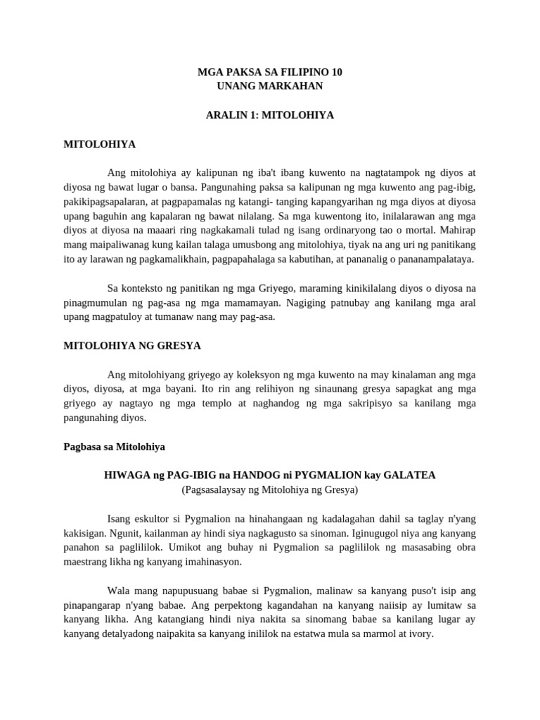 Mga Paksa Sa Filipino 10 | PDF