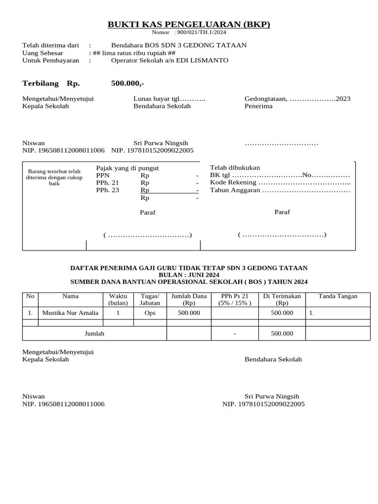 Bukti Kas Pengeluaran (BKP) : Terbilang Rp. 500.000 | PDF