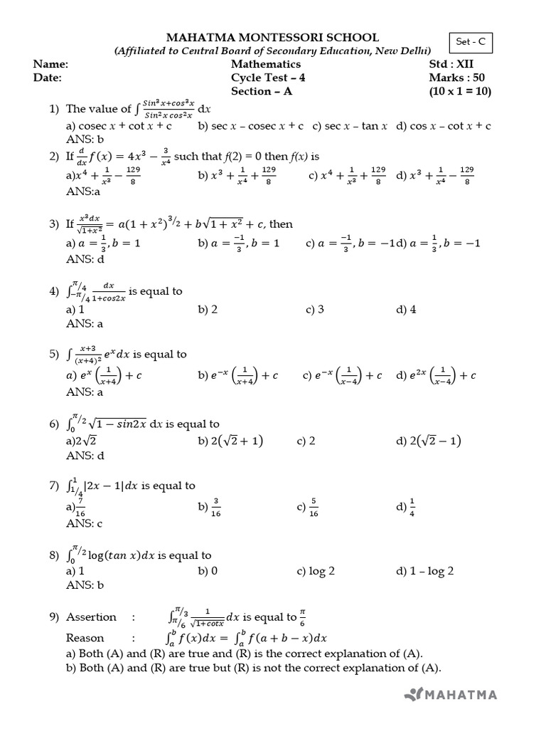 XII MATHS Cycle Test 4 Answer Key SET C | PDF