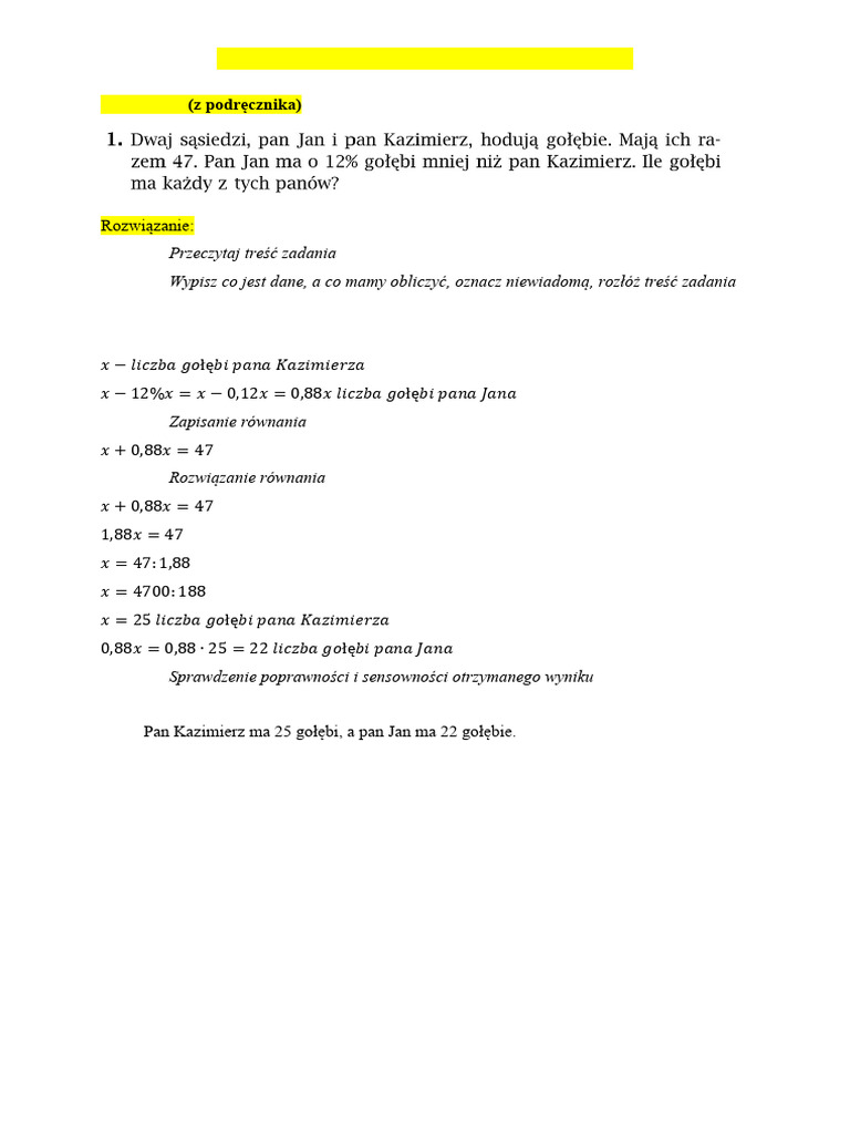 Procenty 4 Zadania Tekstowe Odpowiedzi Pdf