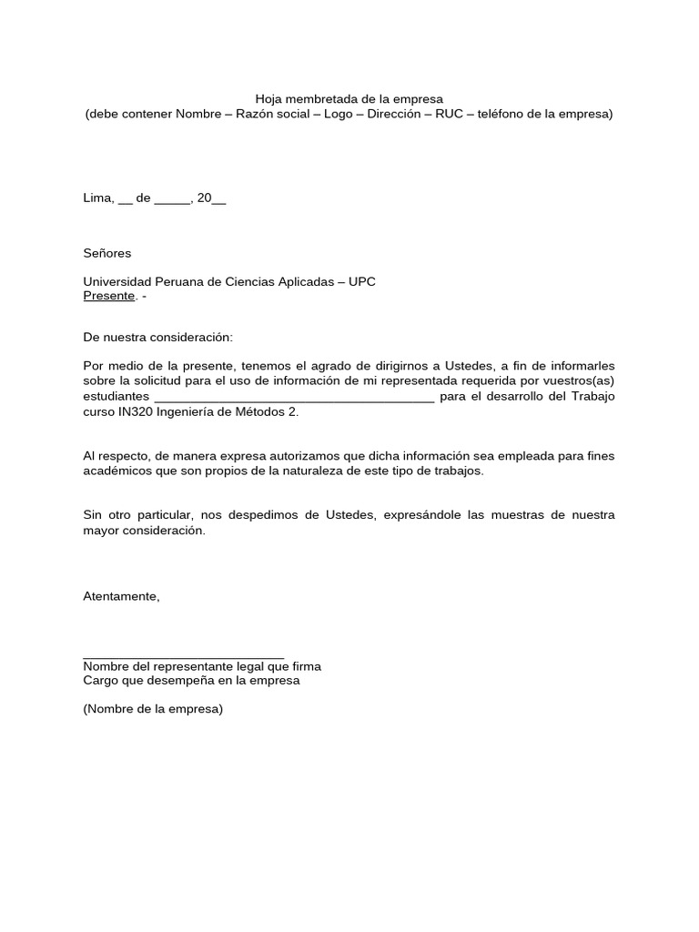 Formato Carta de Empresa - Permiso y Compromiso IM2 | PDF