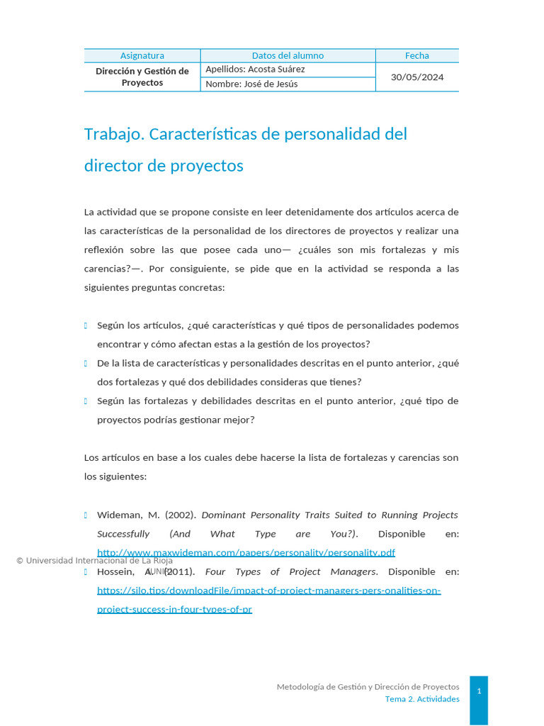 Trabajo. Características de personalidad del director de proyectos | PDF