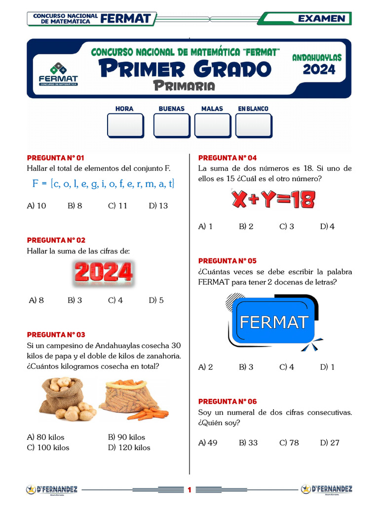 Concurso FERMAT Matemática 1er Grado 2024 Andahuaylas | PDF