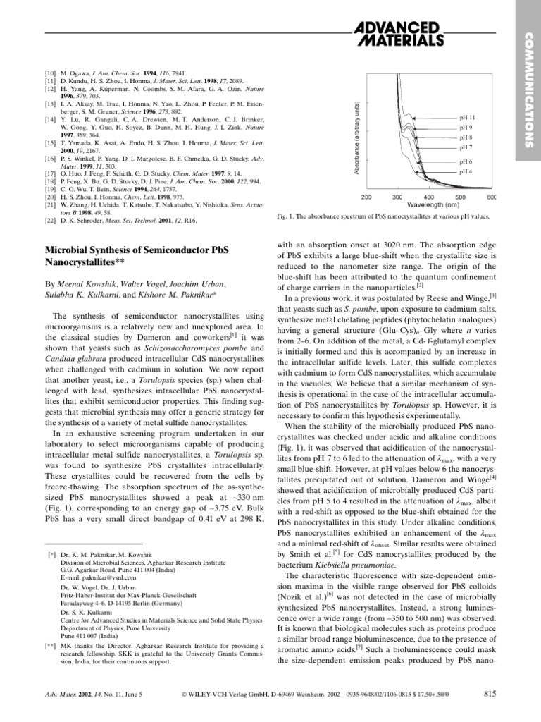 54-Microbial Synthesis of Semiconductor PBS Nanocrystallites | PDF