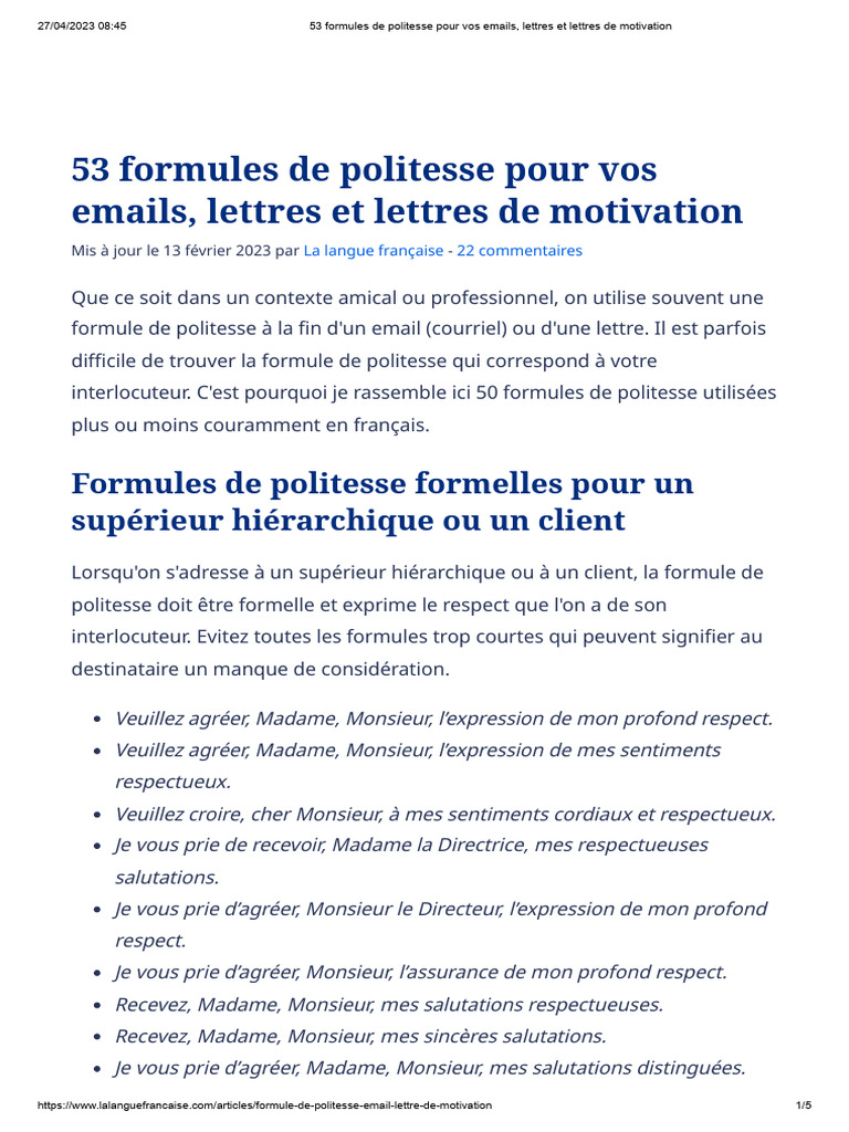 53 Formules de Politesse Pour Vos Emails, Lettres Et Lettres de ...