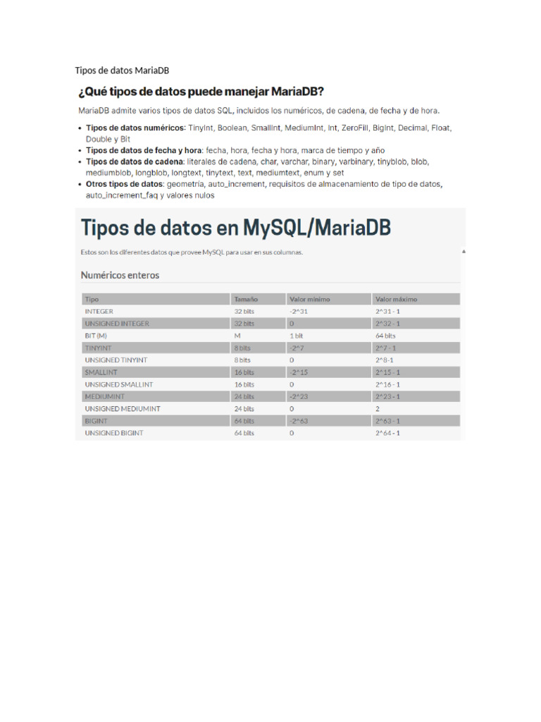 Tipos de Datos MariaDB | PDF | SQL | Mi sql