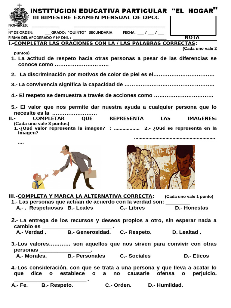 Modelo de Examen DPCC 5 Sec | PDF