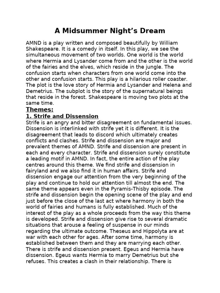 A Midsummer Nights Dream Notes For Class 7 | PDF