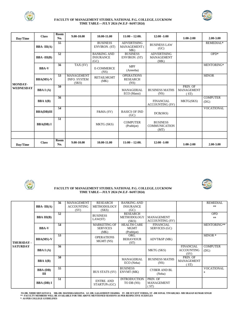 Time Table July 2024-25 | PDF