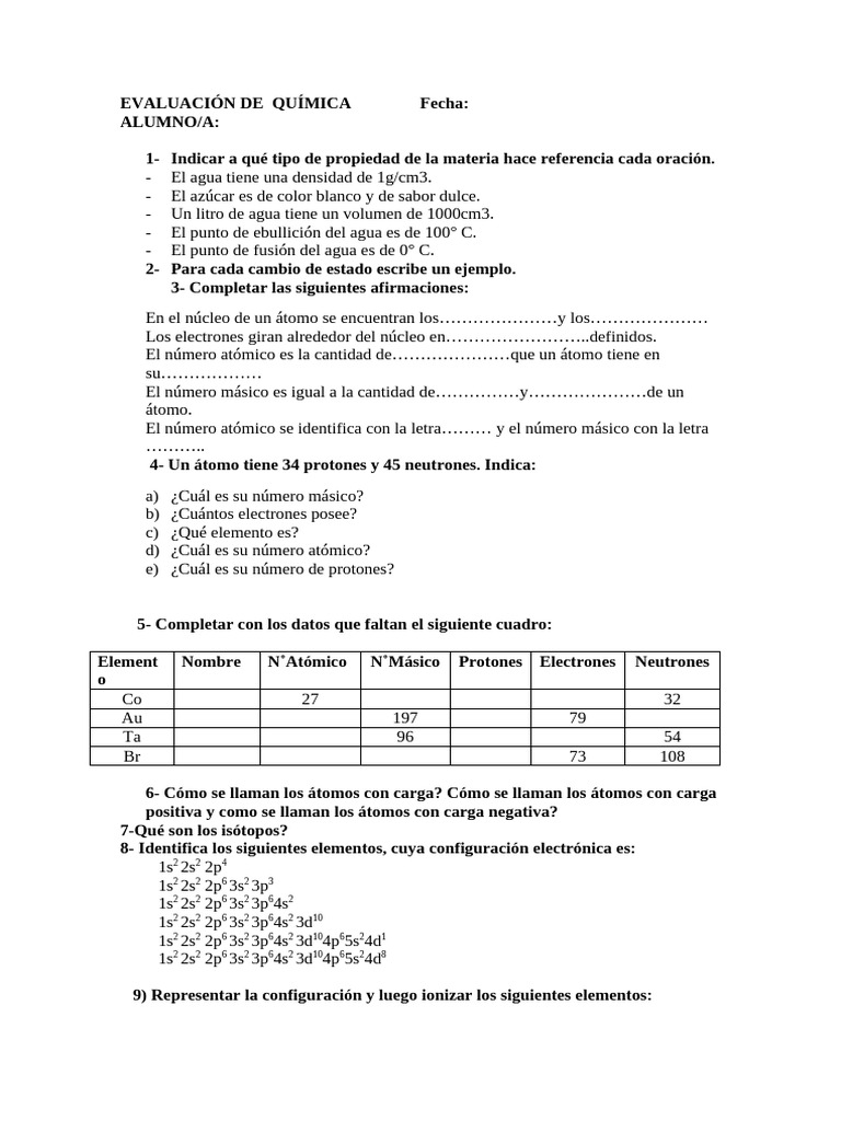 Evaluación de Química Burbuja #1 | PDF