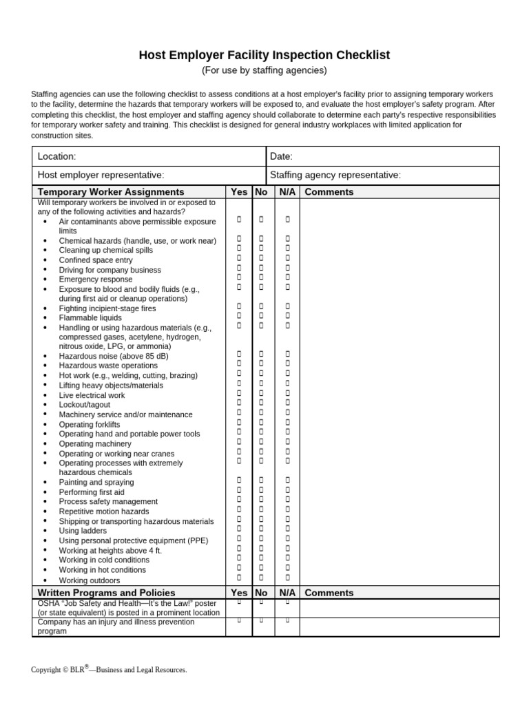 Host Employer Facility Inspection Checklist | PDF