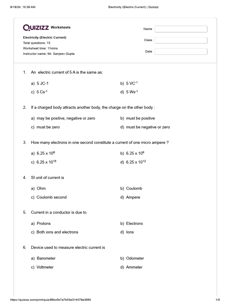 Electricity Current Quiz Worksheet | PDF | Electric Current | Science ...