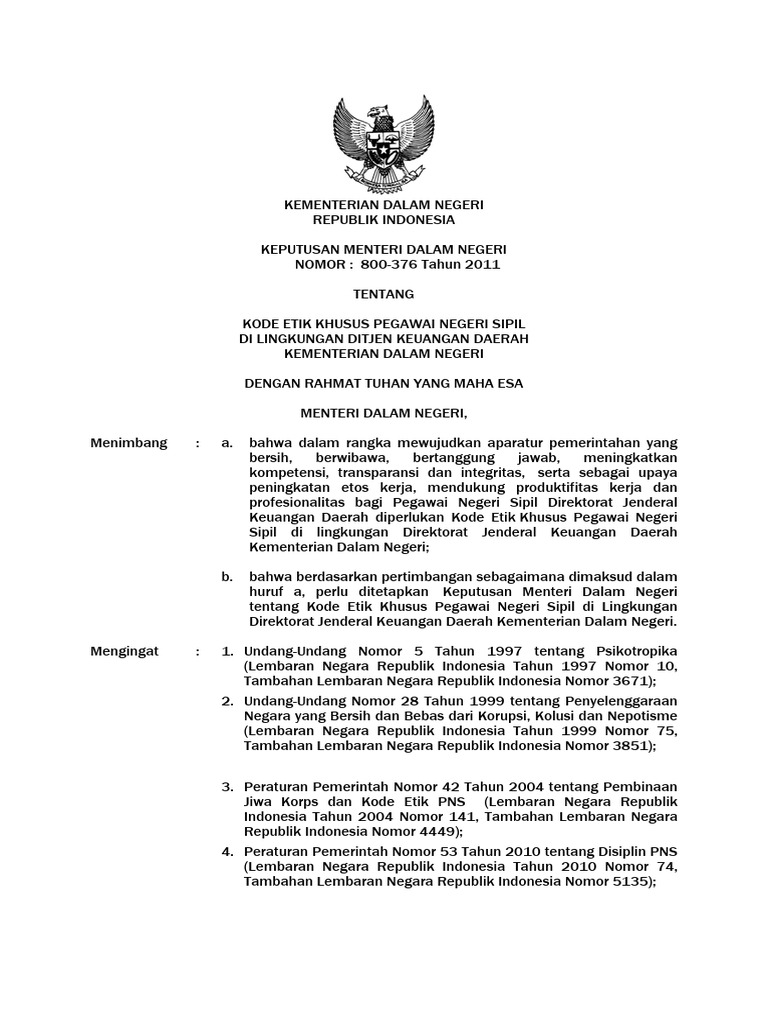 Contoh Aturan Kode Etik Instansi Kepmen Nomor 800-376 Tahun 2011 - 134 ...