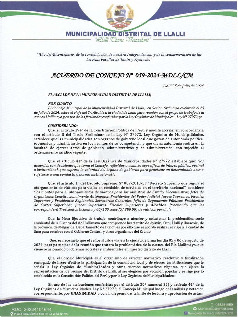 ACUERDO de CONCEJO 059 Autorizar Viaje Del Señor Alcalde | PDF
