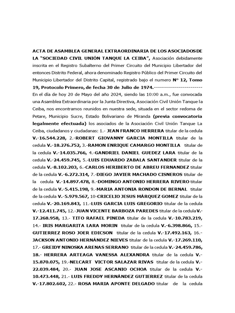 Acta de Asamblea General Extraordinaria de Los Asociados de La "Sociedad Civil Unión Tanque La ...