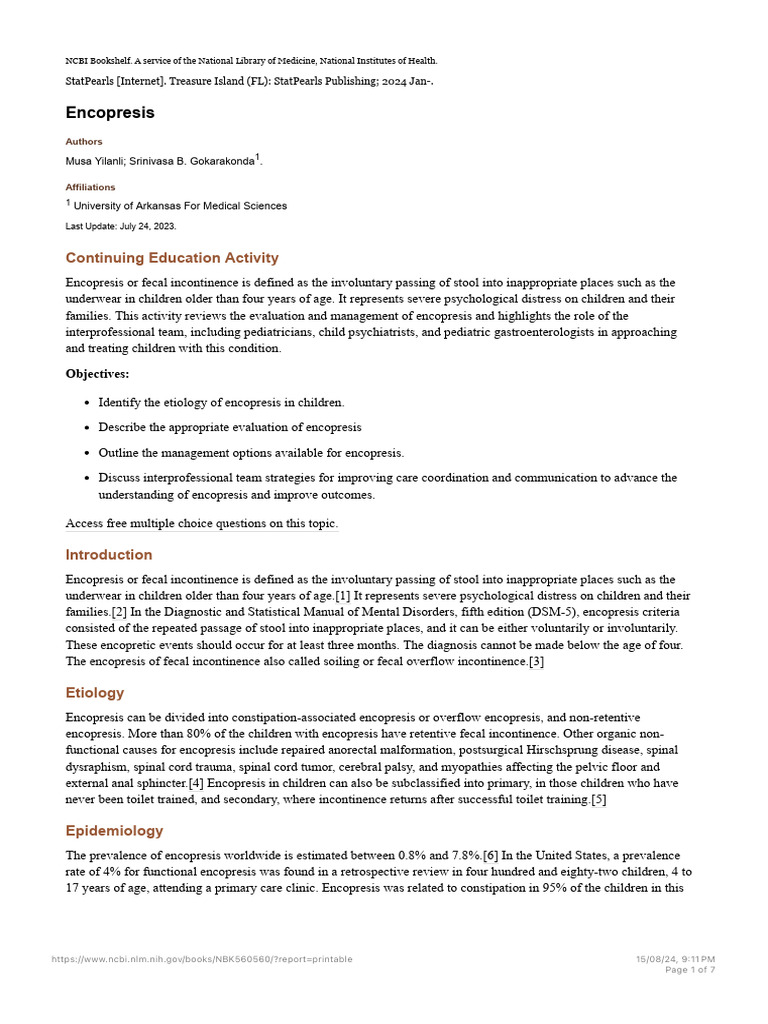Encopresis - StatPearls - NCBI Bookshelf | PDF