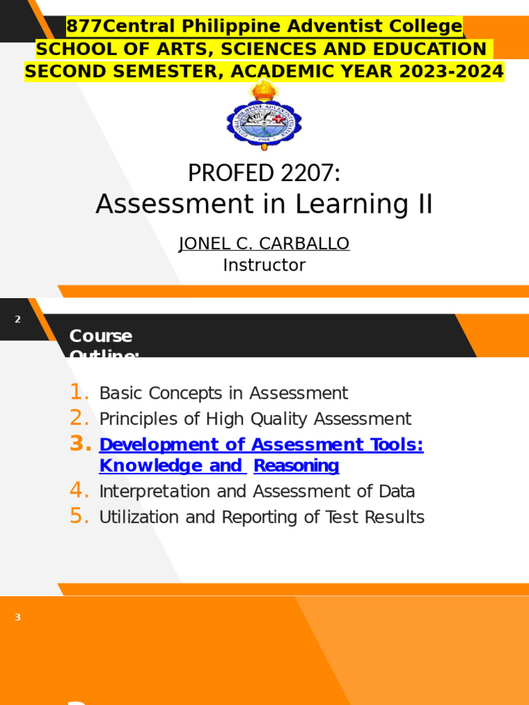 Assessment in Learning II PPT 3 (Development of Assessment Tools Knowledge and Reasoning) | PDF