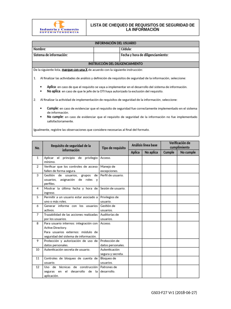 GS03-F27 Lista de Chequeo de Requisitos de Seguridad de La Informacion ...