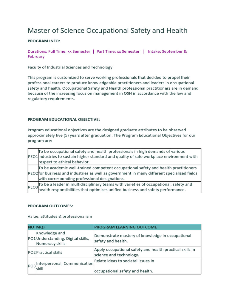 Master of Science Occupational Safety and Health | PDF