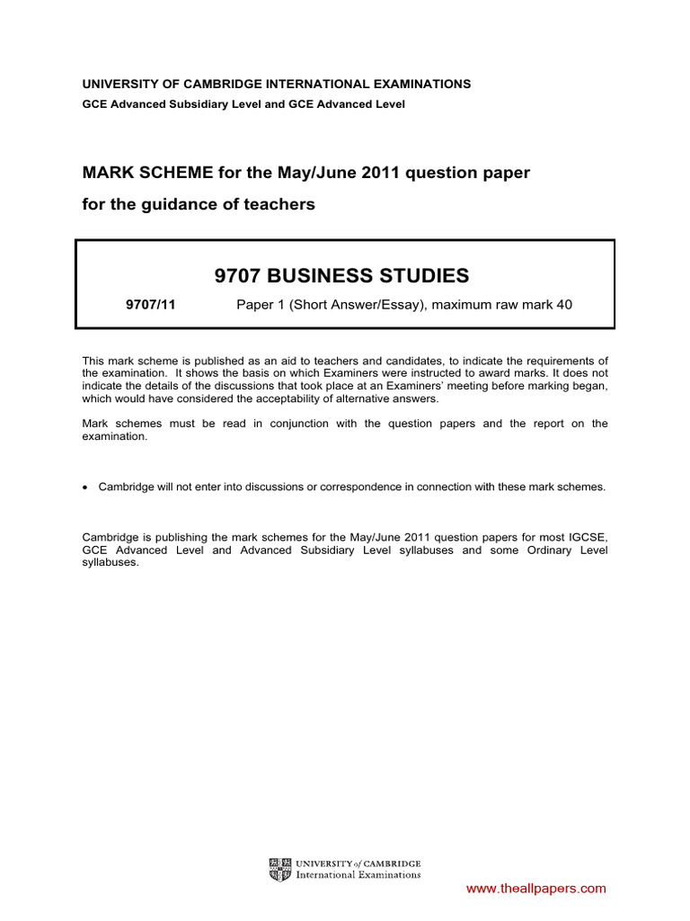 9707 Business Studies: MARK SCHEME For The May/June 2011 Question Paper ...