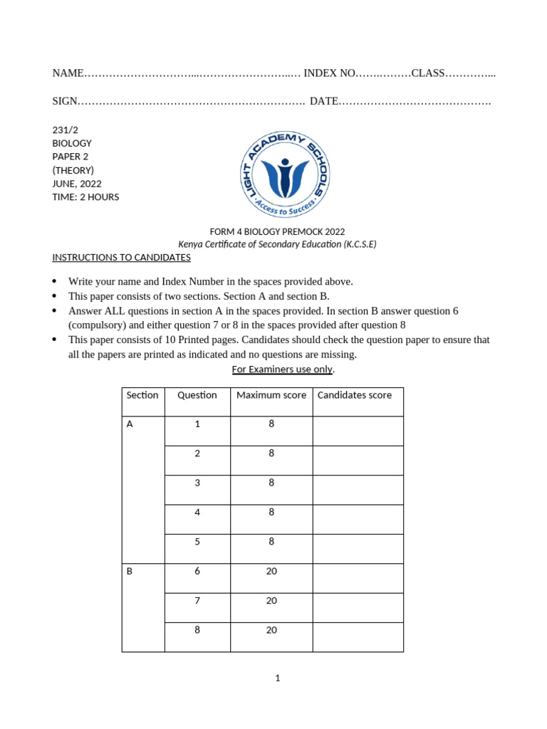 Form 4 Biology pp2 Pre-Mock Exam June 2022 QP | PDF