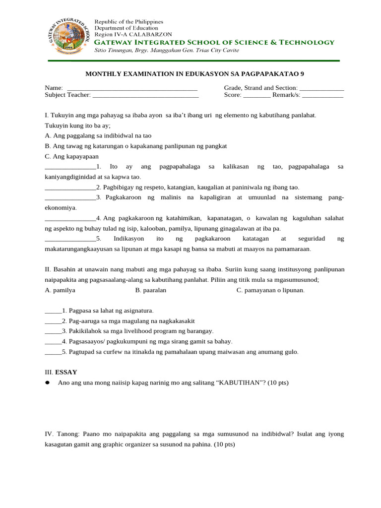 Esp 9 Monthly Exam | PDF