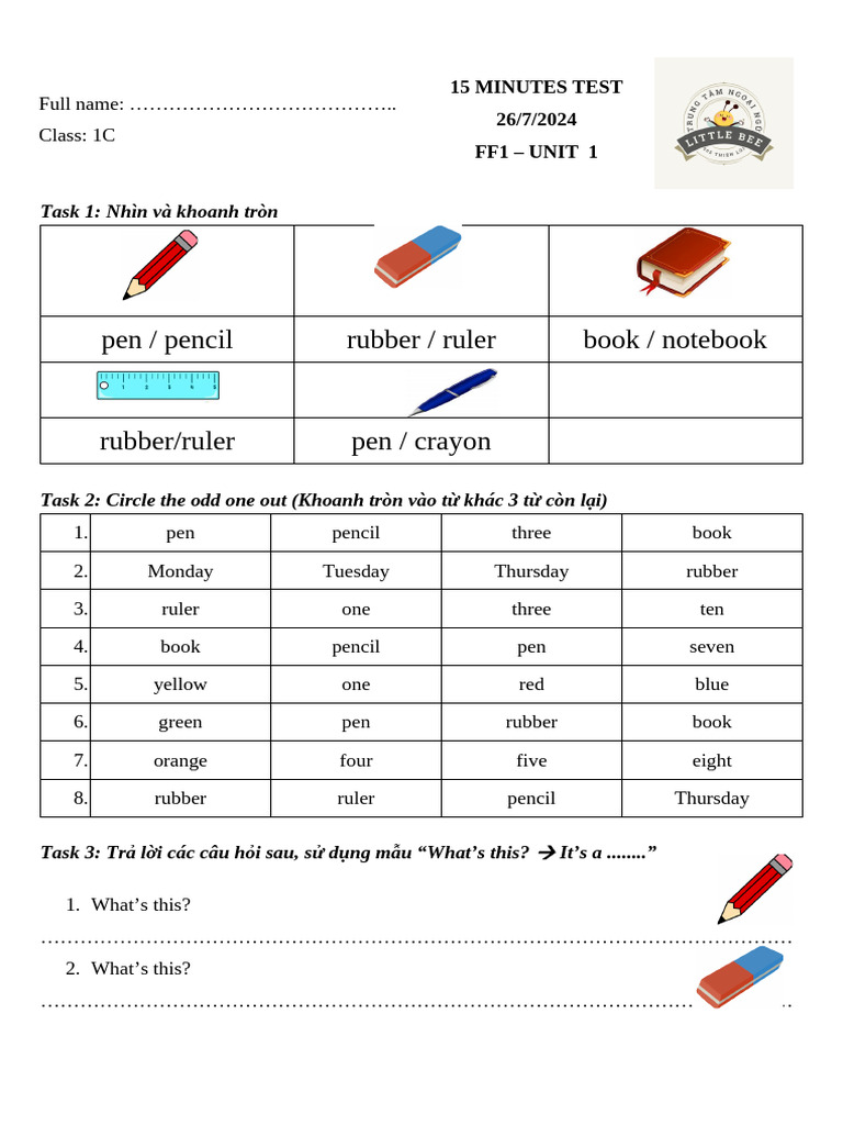 Pen / Pencil Rubber / Ruler Book / Notebook: Task 1: Nhìn Và Khoanh ...