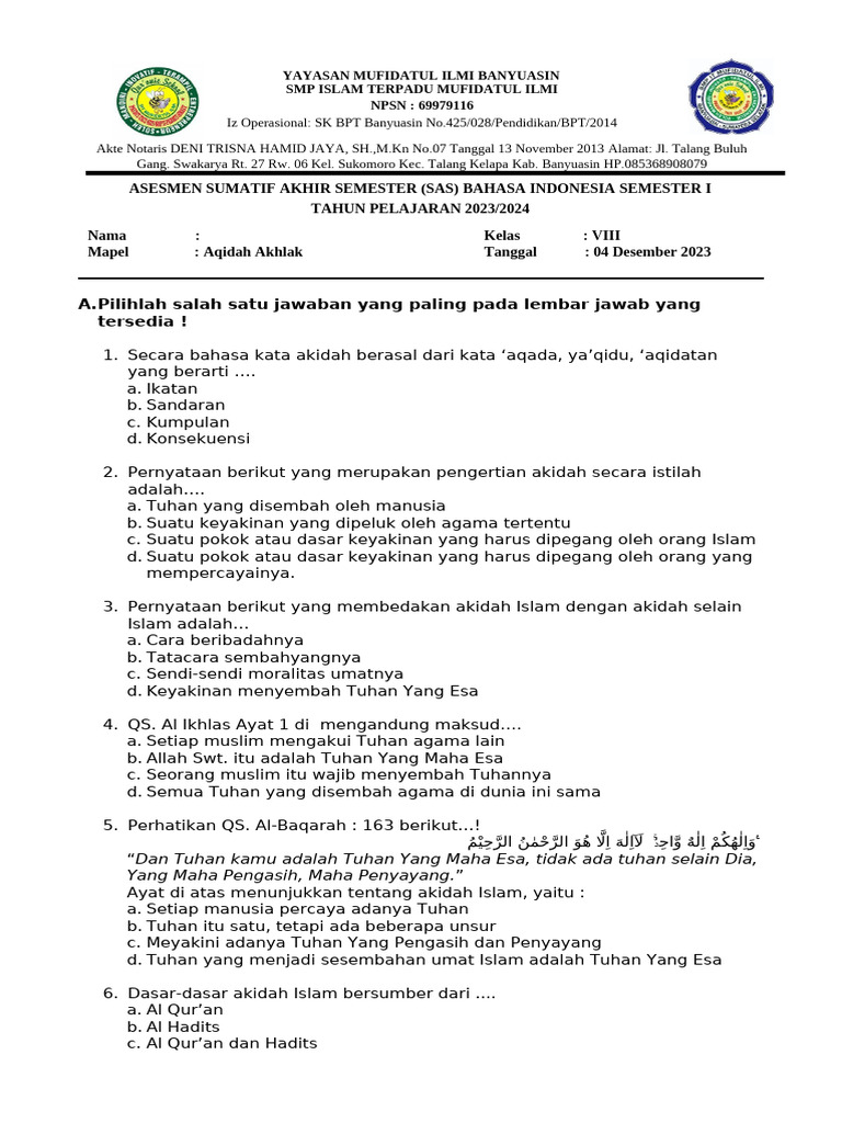 UAS SMS 1 Kelas 8 Aqidah Akhlak | PDF
