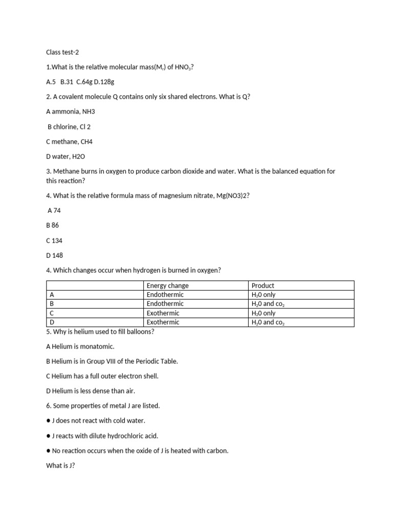Class Test-Atoms and Molecules, Stoichiometry and Periodic Table | PDF