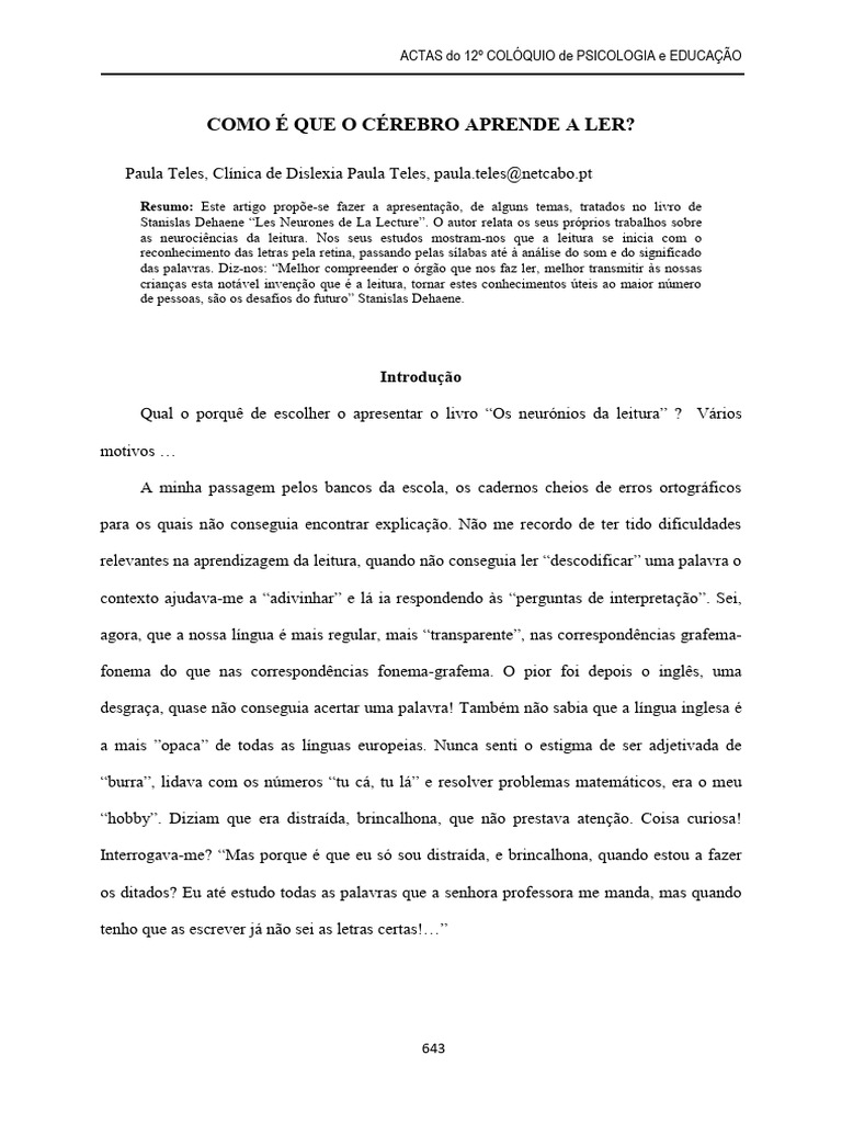 COMO É QUE O CÉREBRO APRENDE A LER artigo 4 | PDF