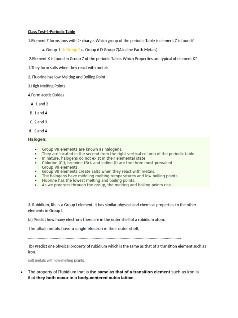 Periodic Table - Test 1-Answer Sheet | PDF