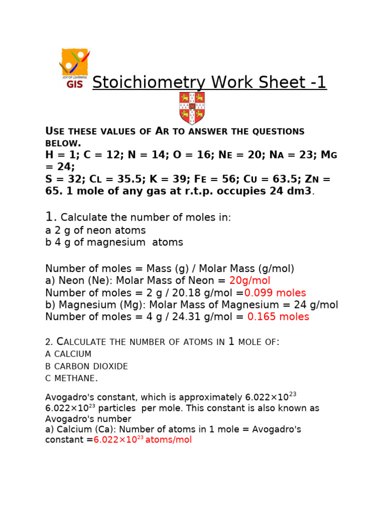 Stoichiometry Work Sheet | PDF