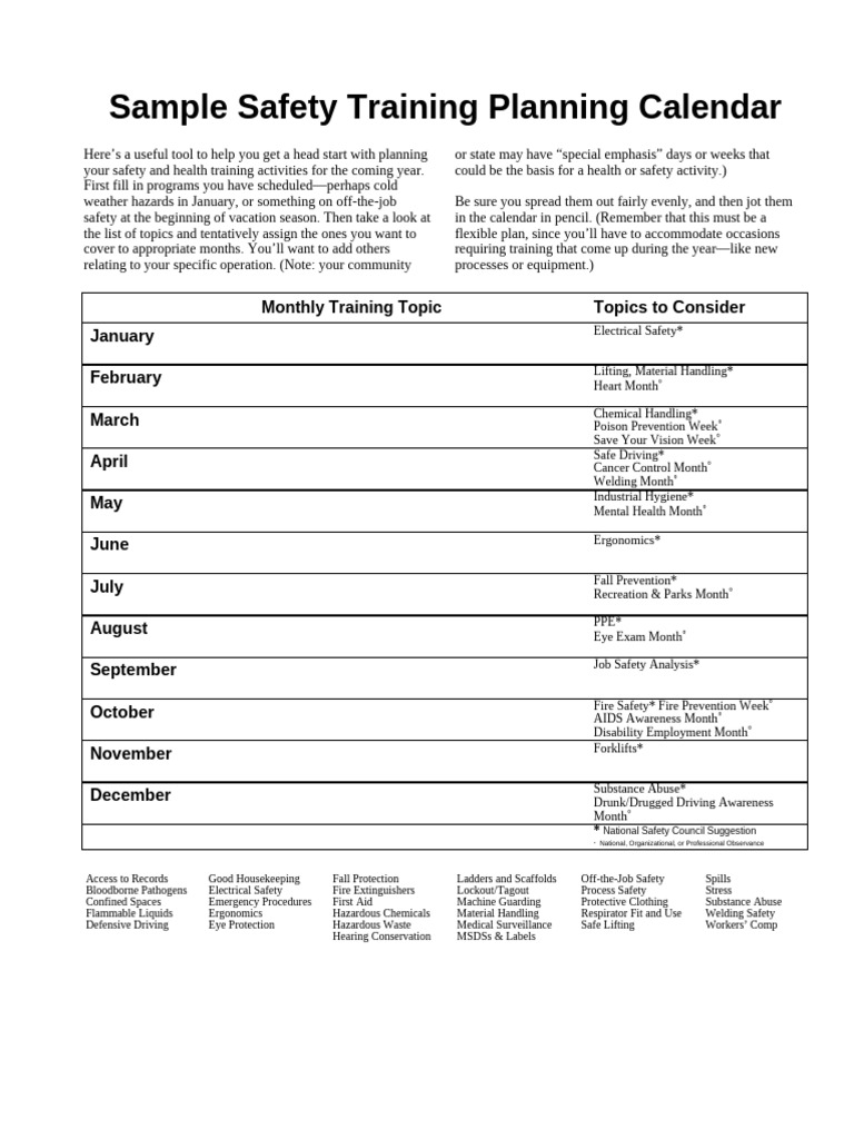 Sample Safety Training Planning Calendar | PDF