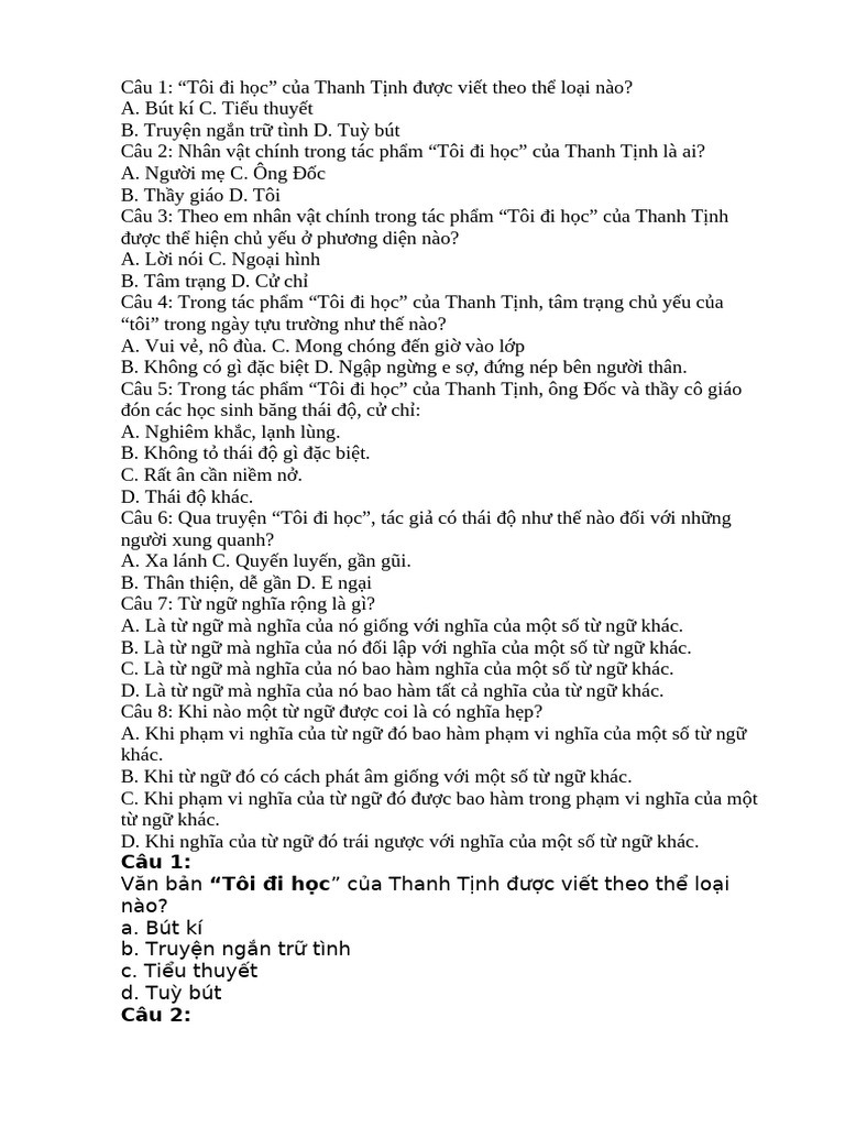 Cau Hoi Trac Nghiem Van 8 | PDF