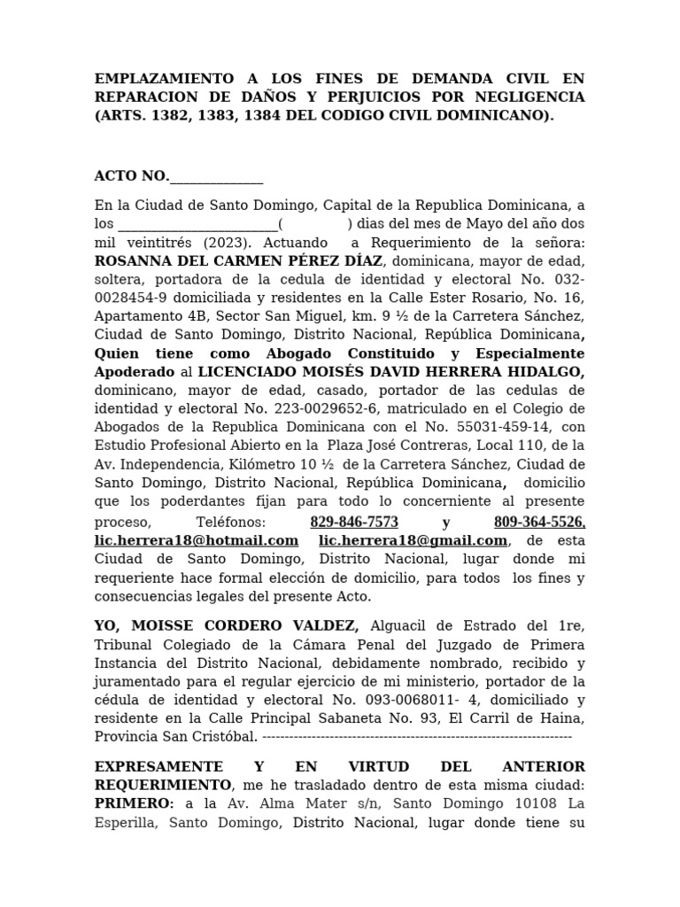 Emplazamiento A Los Fines de Demanda Civil en Reparacion de Daños y Perjuicios Por Negligencia | PDF