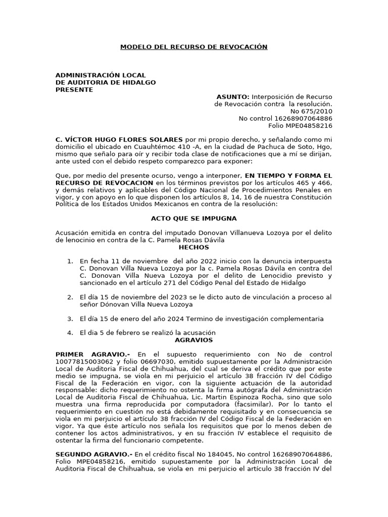 Modelo Del Recurso de Revocacion | PDF