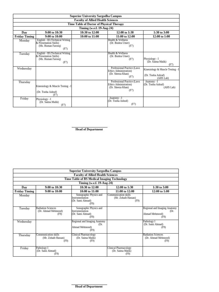 AHS Time Table 3rd Semester Fall 23 | PDF
