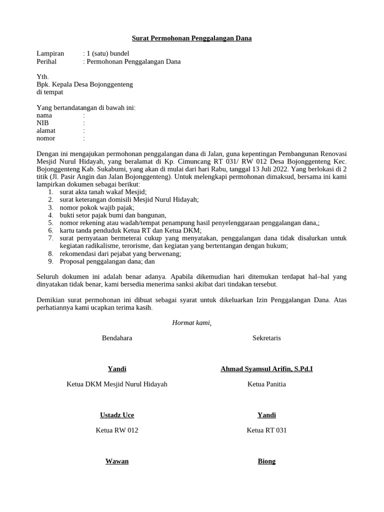 Surat Permohonan Penggalangan Dana | PDF