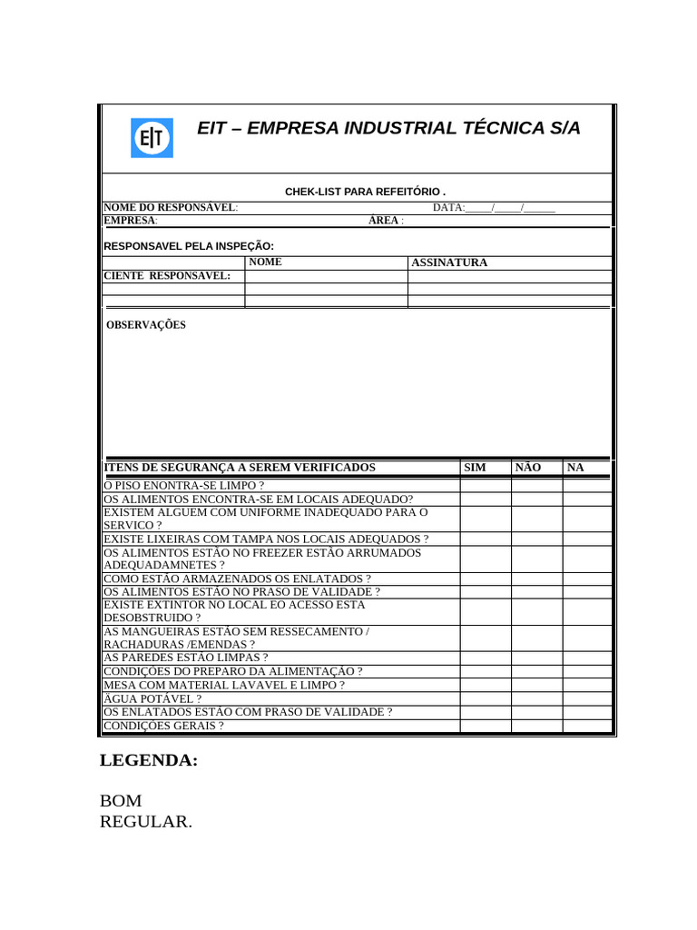 Chek-List para Refeitório | PDF