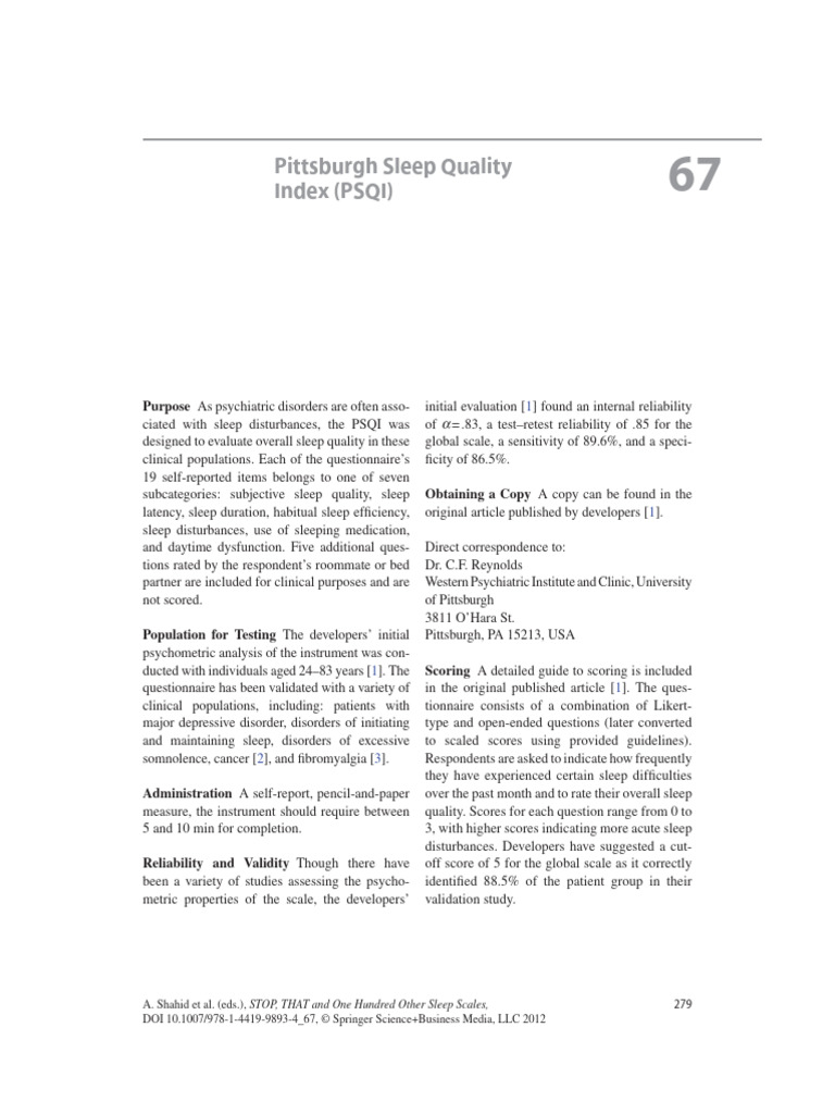Pittsburgh Sleep Quality Index (PSQI) | PDF