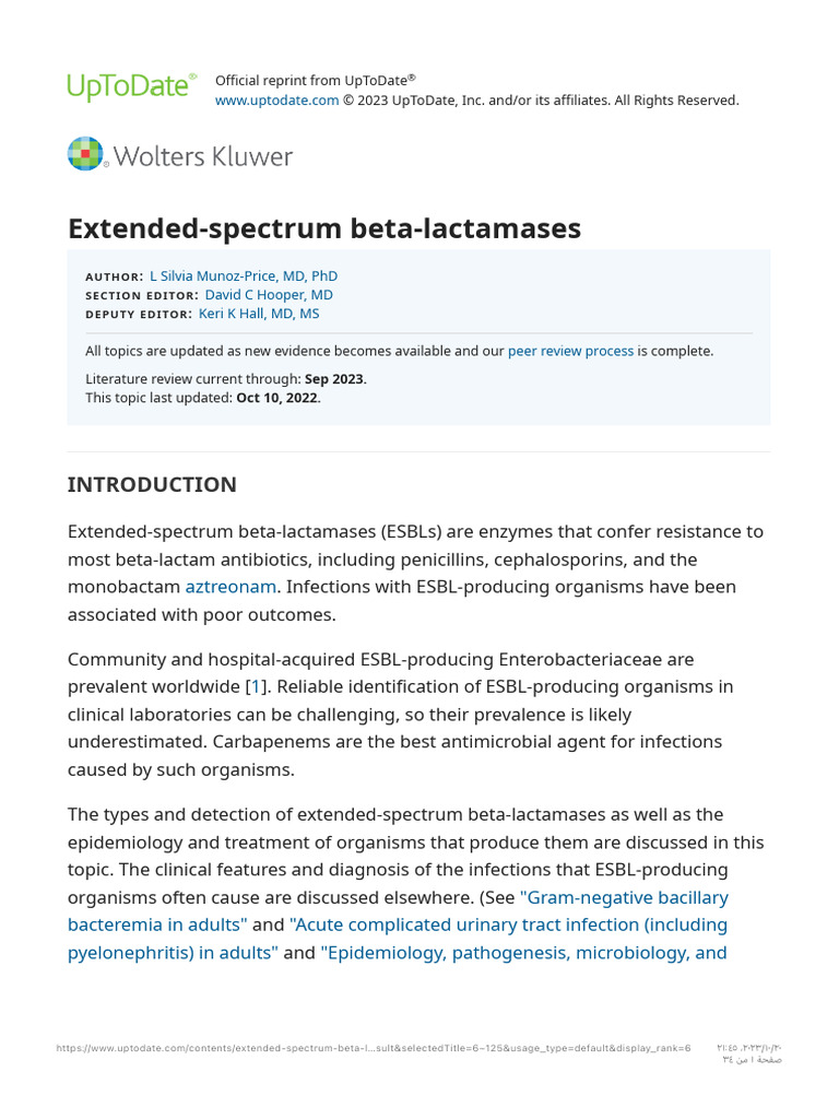 Extended Spectrum Beta Lactamases UpToDate | PDF