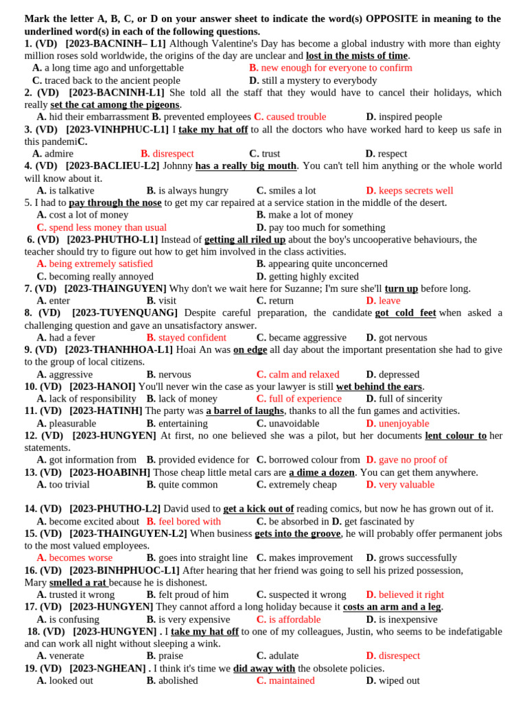 23 -TRAI NGHIA IDIOM 2023 - KEY | PDF